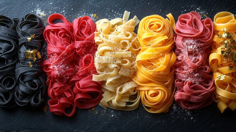 Colorful Assortment of Fresh Pasta Varieties Displayed on Dark Stone ...