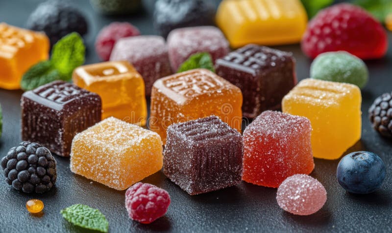 Colorful Assortment of Fruit-flavored Gummies Arranged on a Dark ...