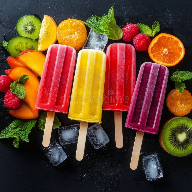 Colorful Assortment of Fruit-flavored Popsicles Arranged on a Dark ...