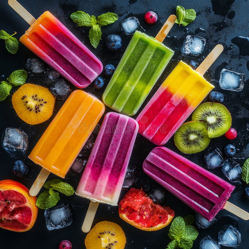 Colorful Assortment of Fruit-flavored Popsicles Arranged on a Dark ...
