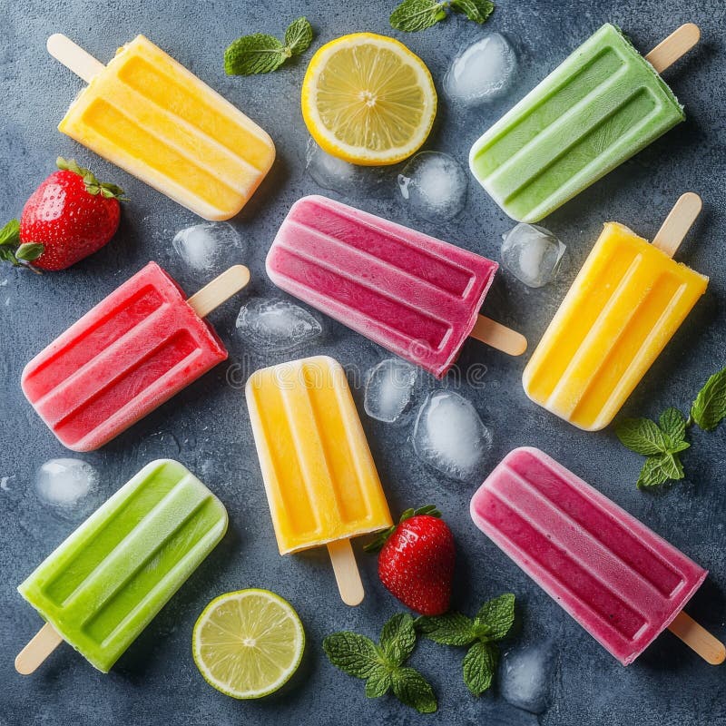 A Colorful Assortment of Fruit Popsicles are Displayed on a Counter ...