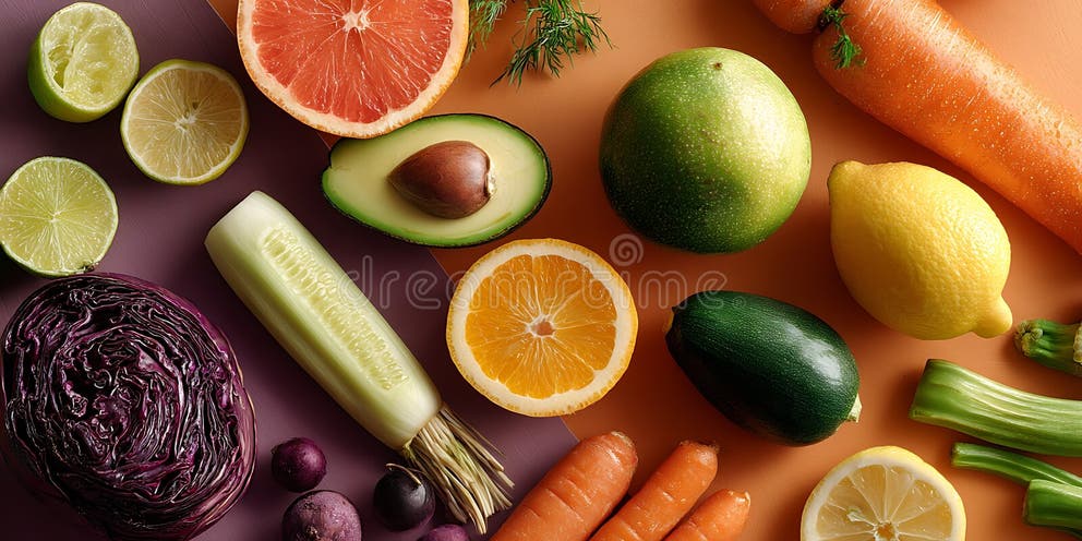 A Colorful Assortment of Fruits and Vegetables is Arranged on a Split ...