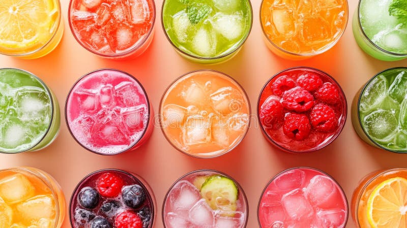 Colorful Assortment of Fruity Drinks with Ice and Berries. Stock Photo ...