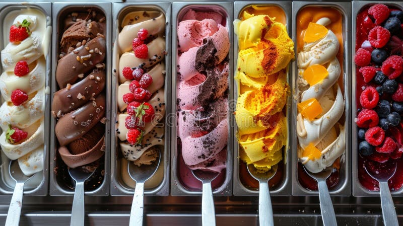 Colorful Assortment of Gelato in Metal Containers Stock Photo - Image ...