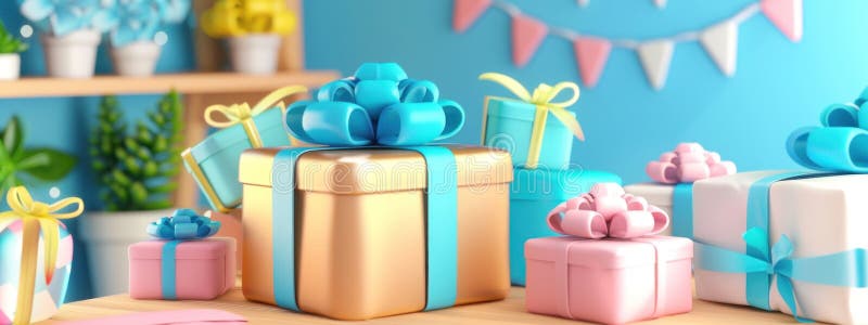 Colorful Assortment of Gift Boxes with Bows in a Festive Setting Stock ...