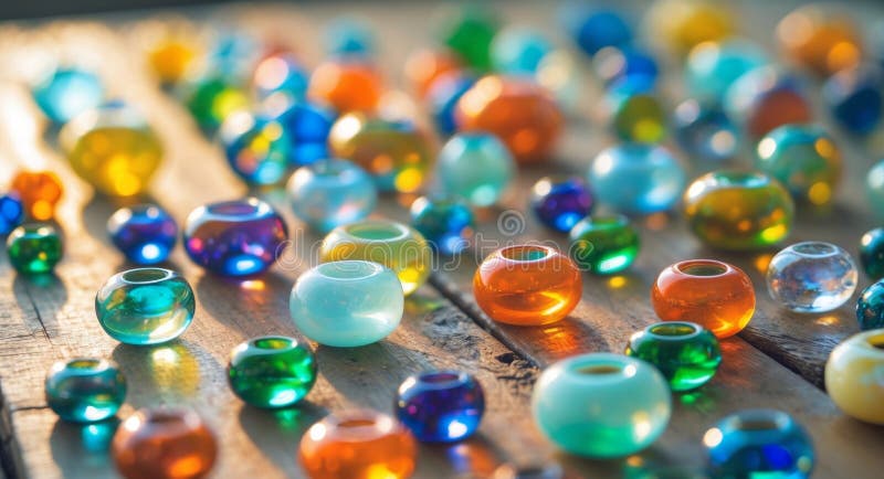 Colorful Assortment of Glass Beads Arranged on a Wooden Table in ...