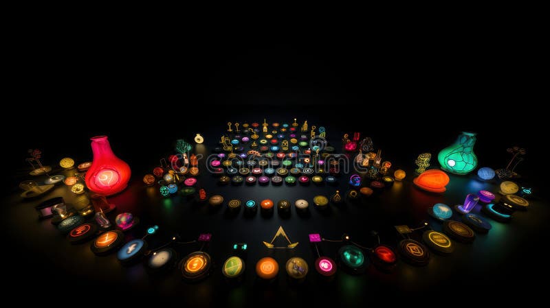 Colorful Assortment of Glowing Objects and Symbols on Dark Background ...