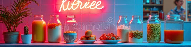 Colorful Assortment of Groceries in Jars on Kitchen Counter Under Neon ...