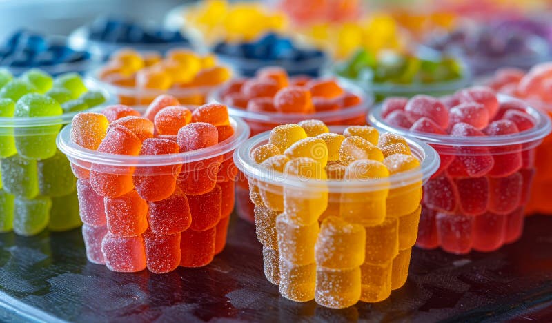 A Colorful Assortment of Gummy Bears are Displayed in Plastic Cups ...