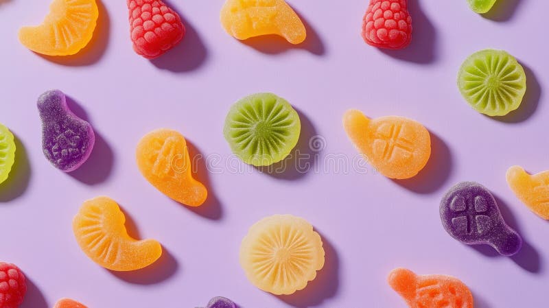 A Colorful Assortment of Gummy Candies Arranged on a Purple Surface ...