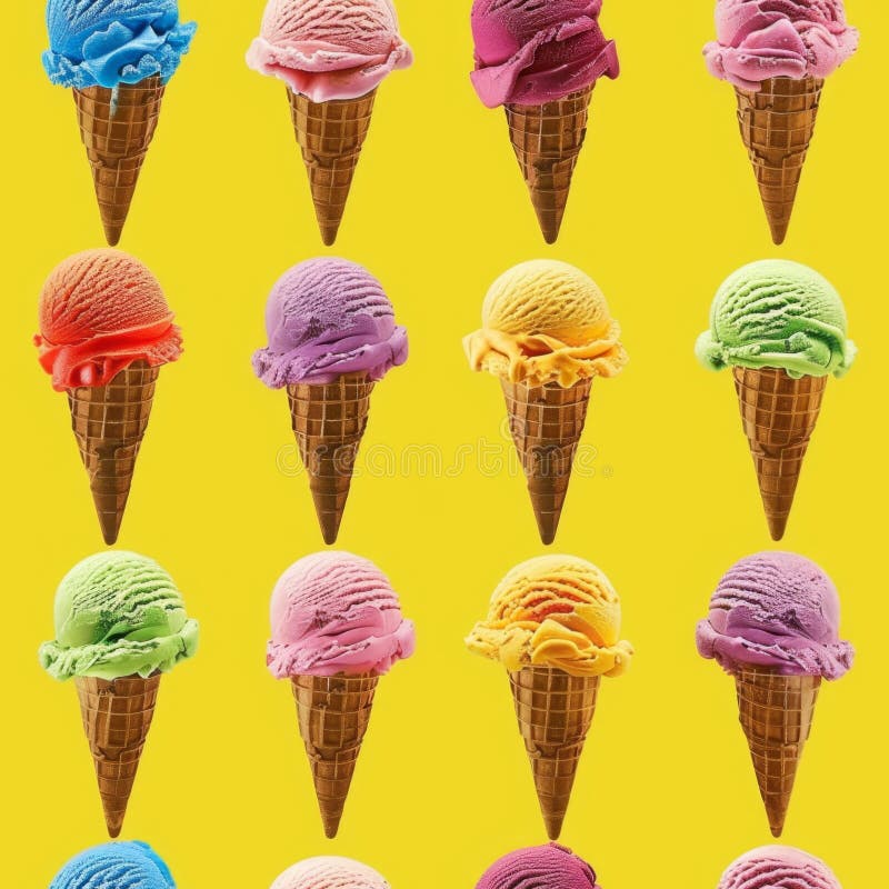 Colorful Assortment of Ice Cream Cones on Bright Yellow Background ...