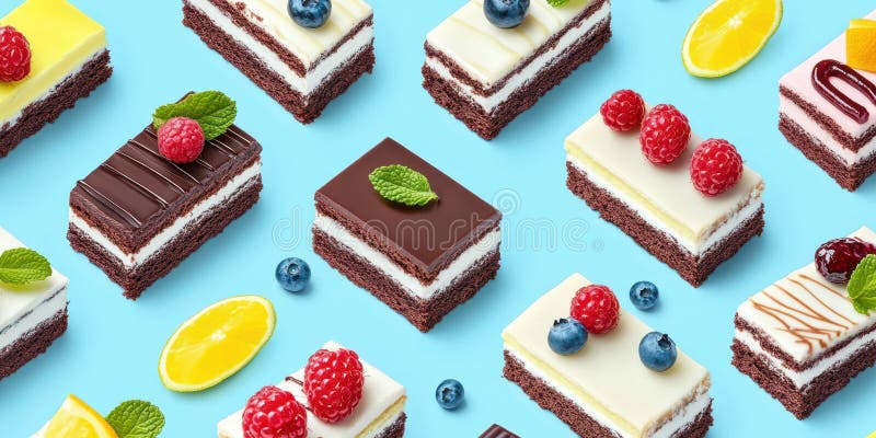 Colorful Assortment of Layered Desserts Arranged on a Blue Background ...