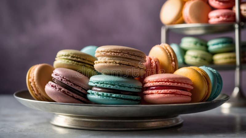 Delightful Assortment of Colorful Macarons on Silver Platter Stock ...