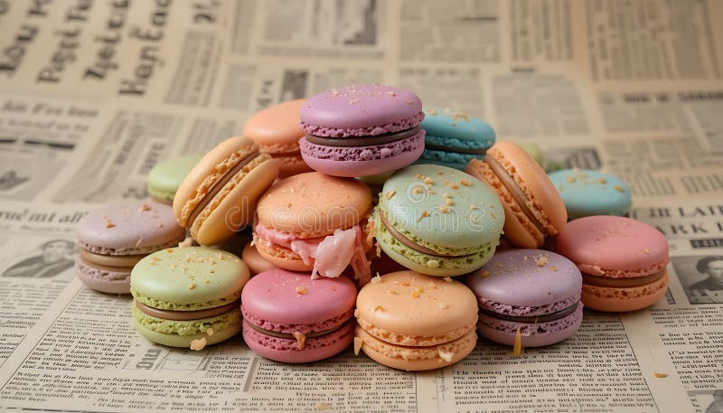 A Colorful Assortment of Macarons Piled on a Newspaper Background in a ...