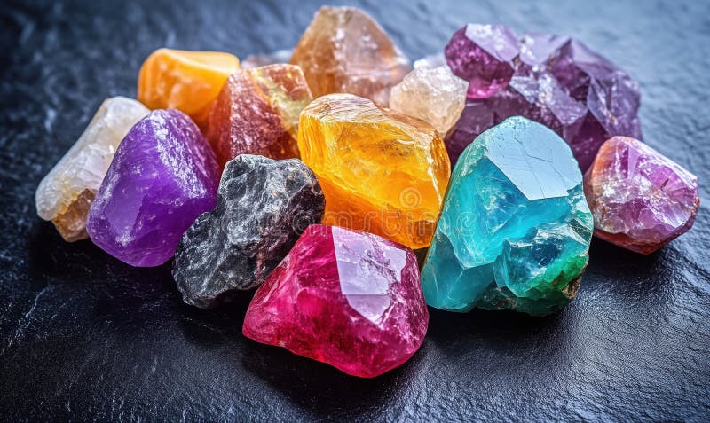 Colorful Assortment of Natural Gemstones and Crystals on Dark ...