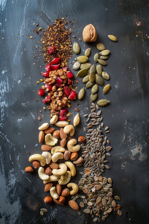 Colorful Assortment of Nuts and Seeds Arranged in a Vertical Pattern on ...