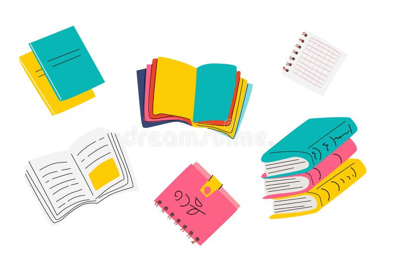 Colorful Assortment of Open and Closed Books and Notebooks for Study ...