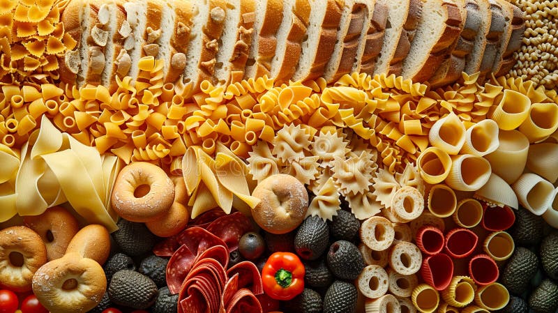 A Vibrant Spread of Various Pasta Types with Bread and Fresh ...