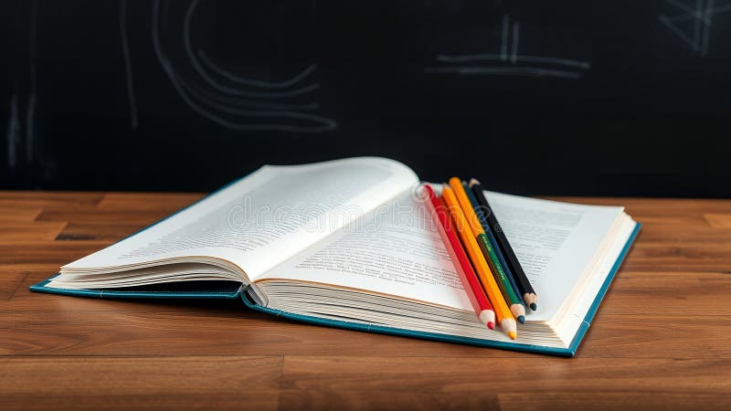 A Colorful Assortment of Pencils beside an Open Book on a Wooden Table ...
