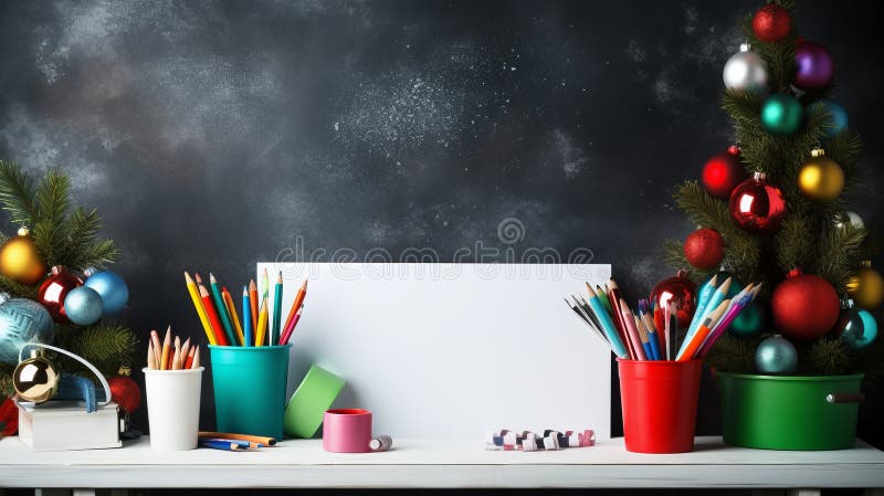 Colorful Desk Organizers with Christmas Decorations and Art Supplies ...