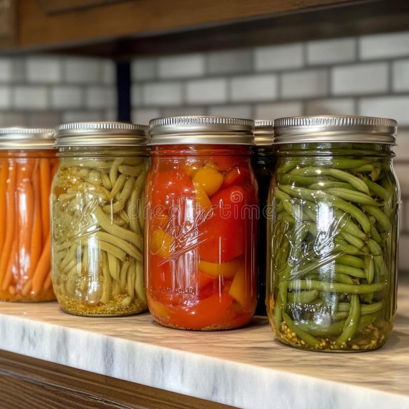 Colorful Assortment of Pickled Vegetables in Mason Jars on Kitchen ...