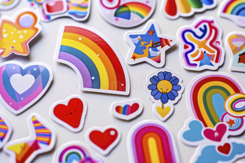 Colorful Assortment of Rainbow and Heart Stickers Spread on Surface ...