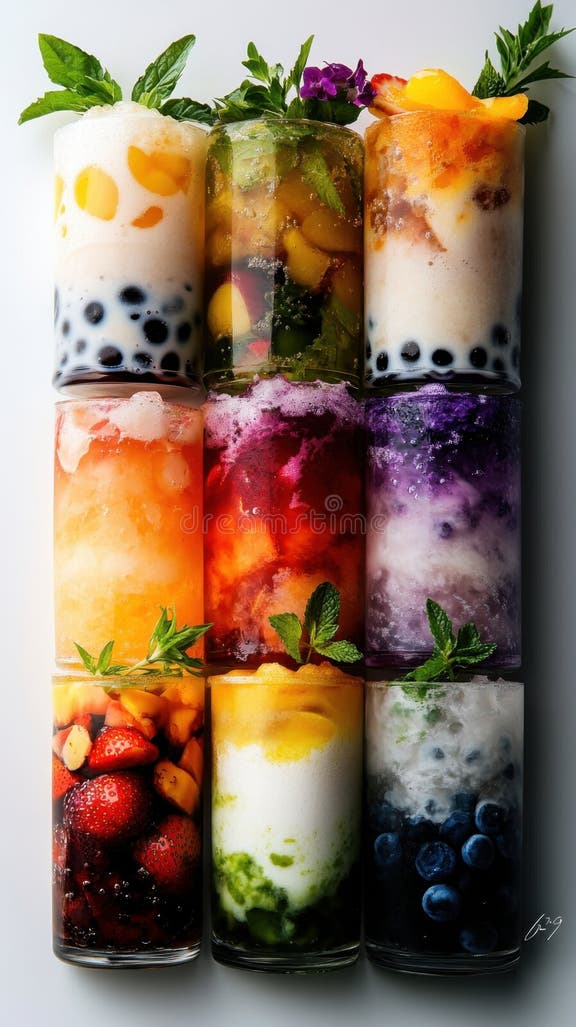 Colorful Assortment of Refreshing Fruity Drinks with Tapioca and Fresh ...