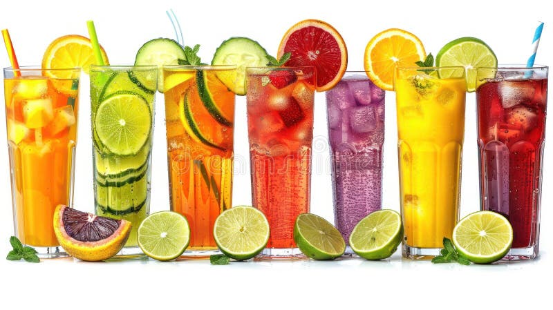 Colorful Assortment of Refreshing Summer Drinks with Citrus Fruits on a ...