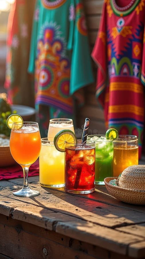 Colorful Assortment of Refreshing Summer Drinks on Rustic Table Stock ...