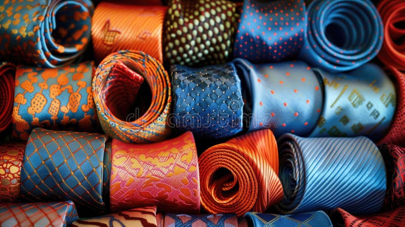 A Colorful Assortment of Rolled Silk Ties in Vibrant Patterns and Hues ...