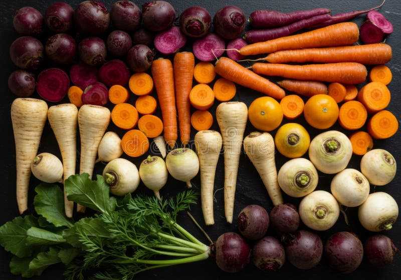 Colorful Assortment of Root Vegetables on Dark Background Stock ...