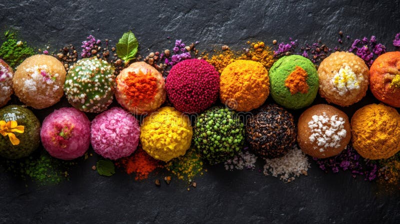 Colorful Assortment of Round Mini Cakes on Dark Background Stock Photo ...