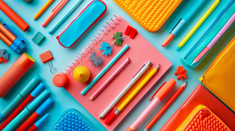 A Colorful Assortment of School Supplies on a Blue Surface Stock Image ...