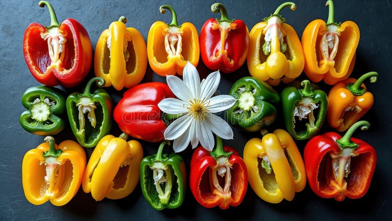 Colorful Assortment of Sliced Bell Peppers with White Flower on Dark ...