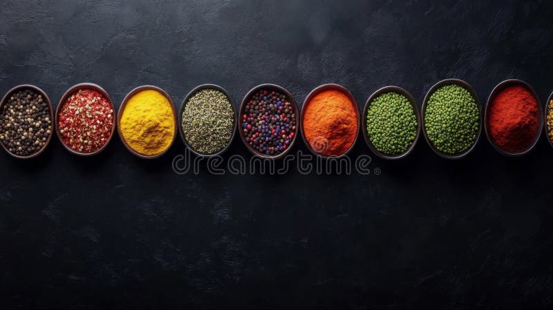 Colorful Assortment of Spices in Bowls on Dark Background Stock ...