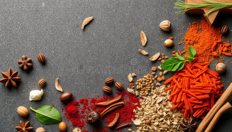 Colorful Assortment of Spices and Herbs Arranged on a Dark Slate ...