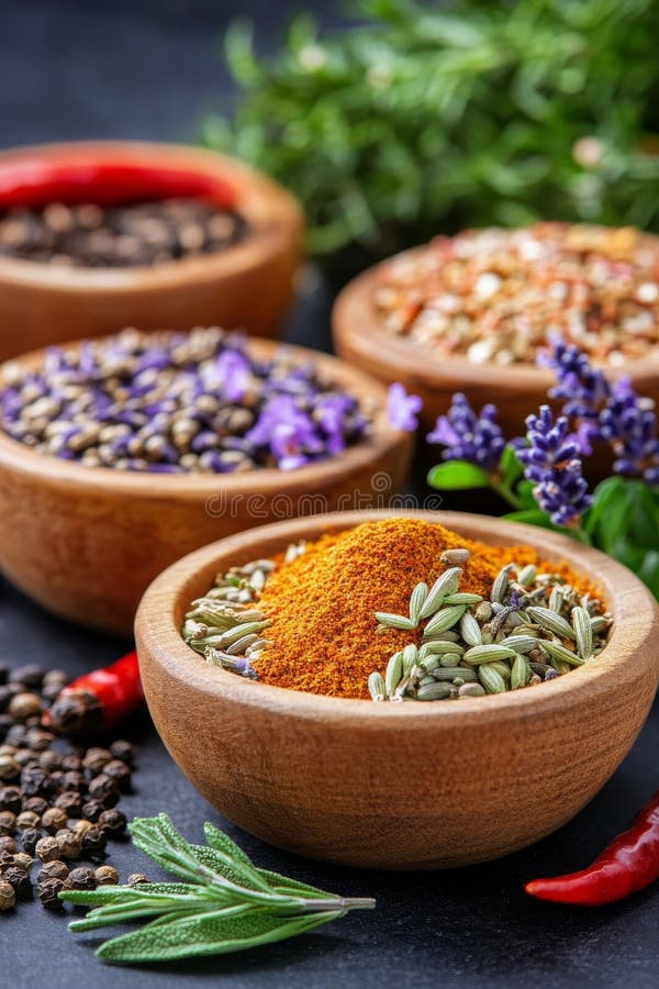 A Colorful Assortment of Spices and Herbs Arranged in Wooden Bowls on a ...
