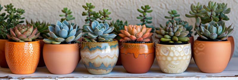 Colorful Assortment of Succulent Plants in Decorative Pots on Shelf ...