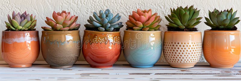 Colorful Assortment of Succulent Plants in Decorative Pots on Shelf ...