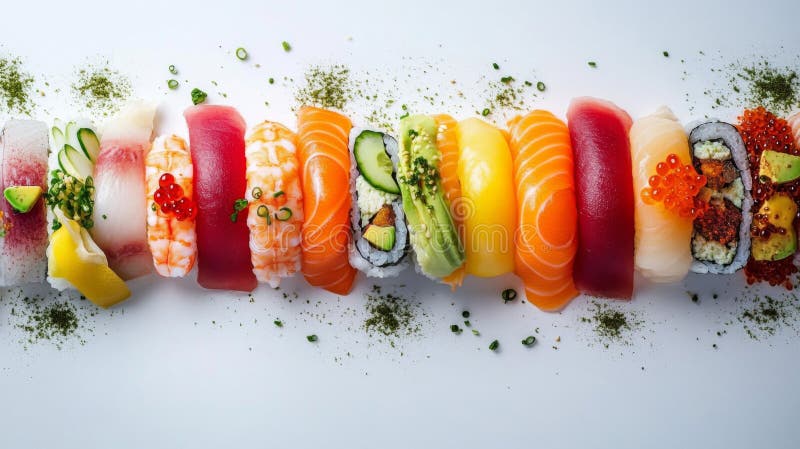 Colorful Assortment of Sushi and Sashimi on White Background Stock ...