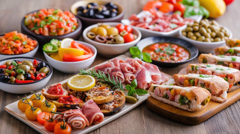 Colorful Assortment of Tapas Dishes Arranged on a Rustic Table Stock ...