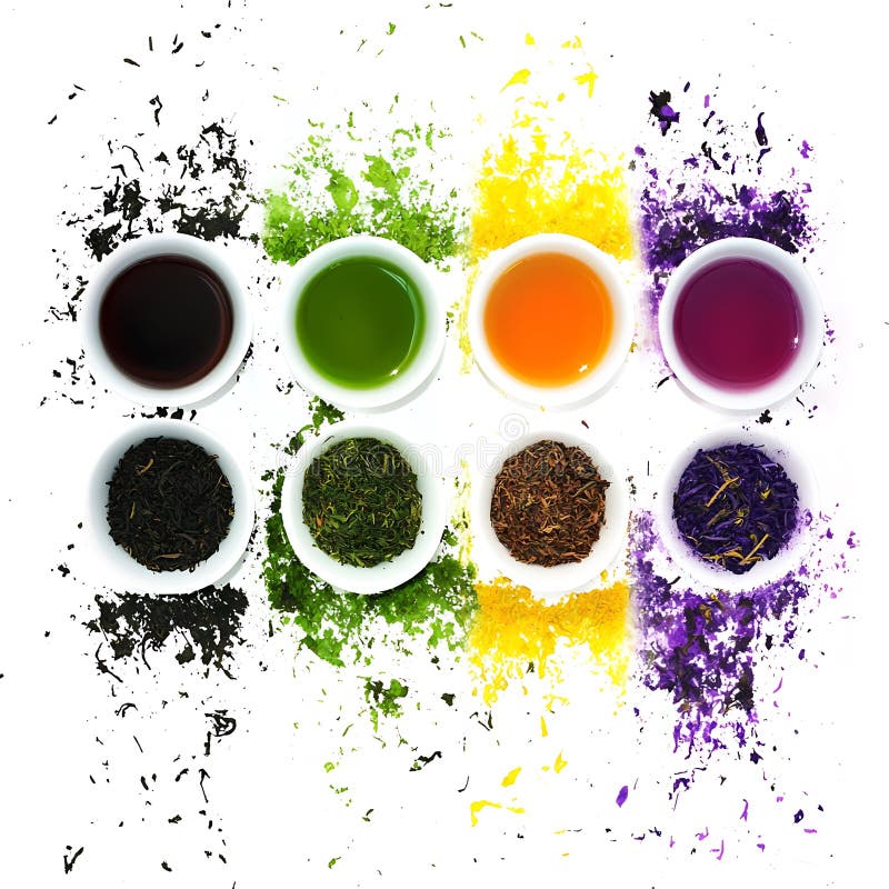 Colorful Assortment of Teas in White Bowls with Spilled Tea Leaves ...