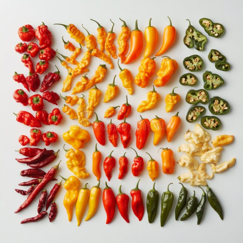 Colorful Assortment of Various Chili Pepper Varieties Arranged on White ...