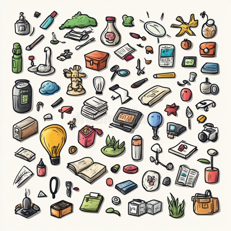 Colorful Assortment of Various Doodled Objects and Stationery Items ...