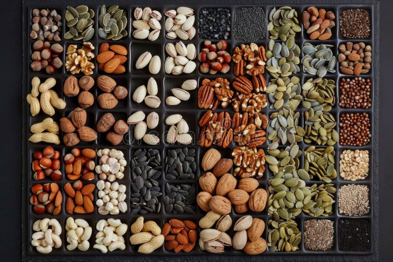 A Colorful Assortment of Various Nuts and Seeds Arranged in Neat ...