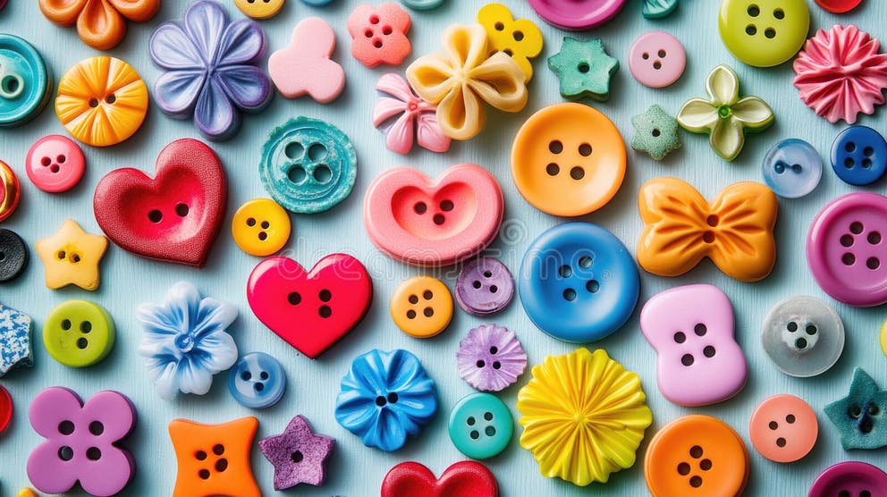 Colorful Assortment of Various Shaped and Sized Buttons on Light Blue ...