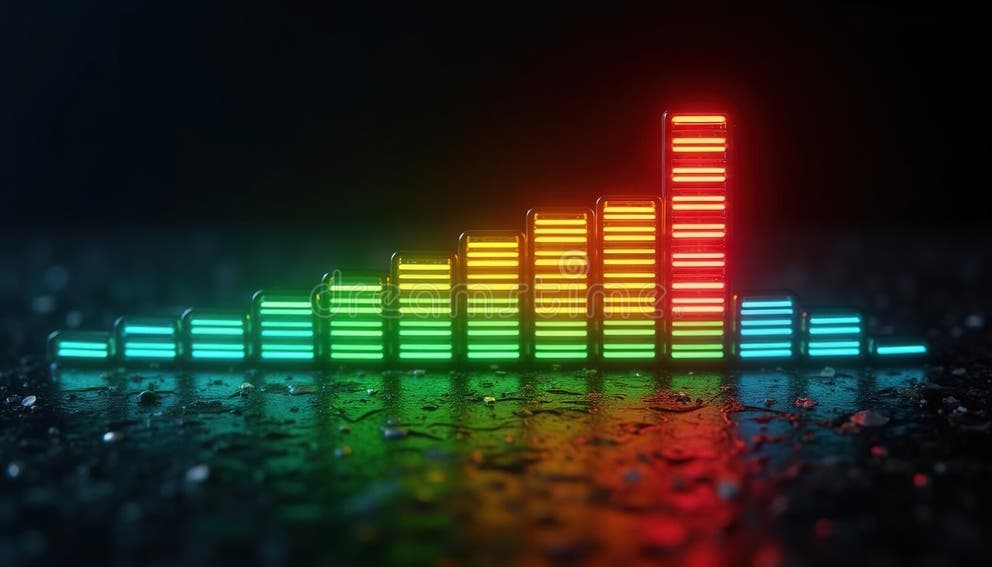 Colorful Audio Equalizer Bars in Neon Lights on a Reflective Surface ...