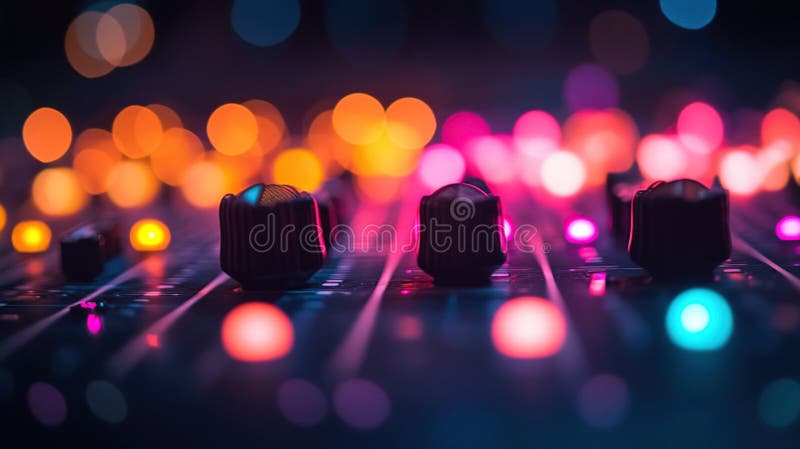 Colorful Audio Mixer Controls in a Blurred Background of City Lights ...