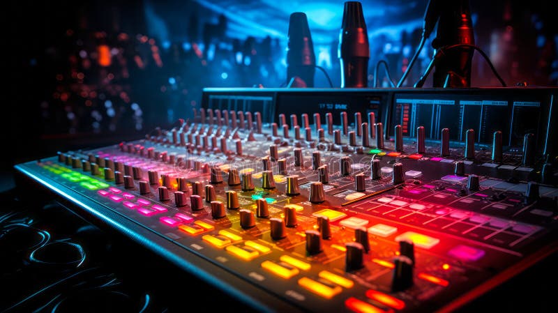 Colorful Audio Spectrum Display Over Sound Mixer Console in a Dark ...
