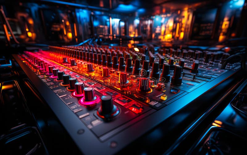 Colorful Audio Spectrum Display Over Sound Mixer Console in a Dark ...
